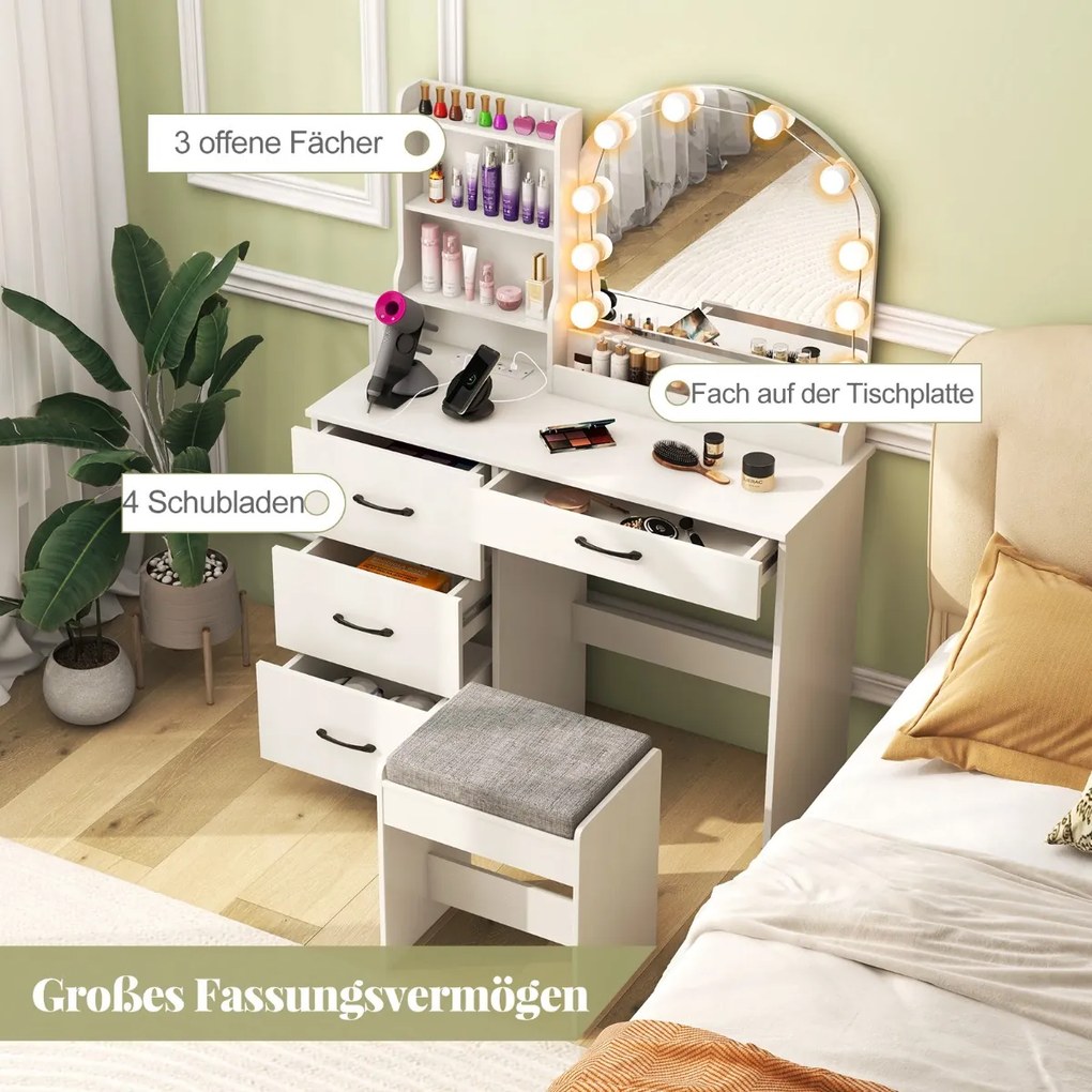 Costway Toaletní stolek s LED osvětlením 3 barvy s nastavitelným jasem, bílý