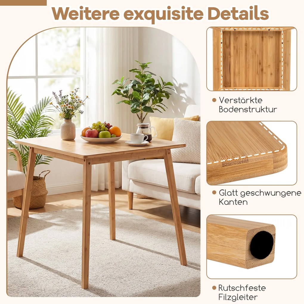 Costway Jídelní stůl z bambusu, čtvercový pro 2-4 osoby – 70 × 70 cm