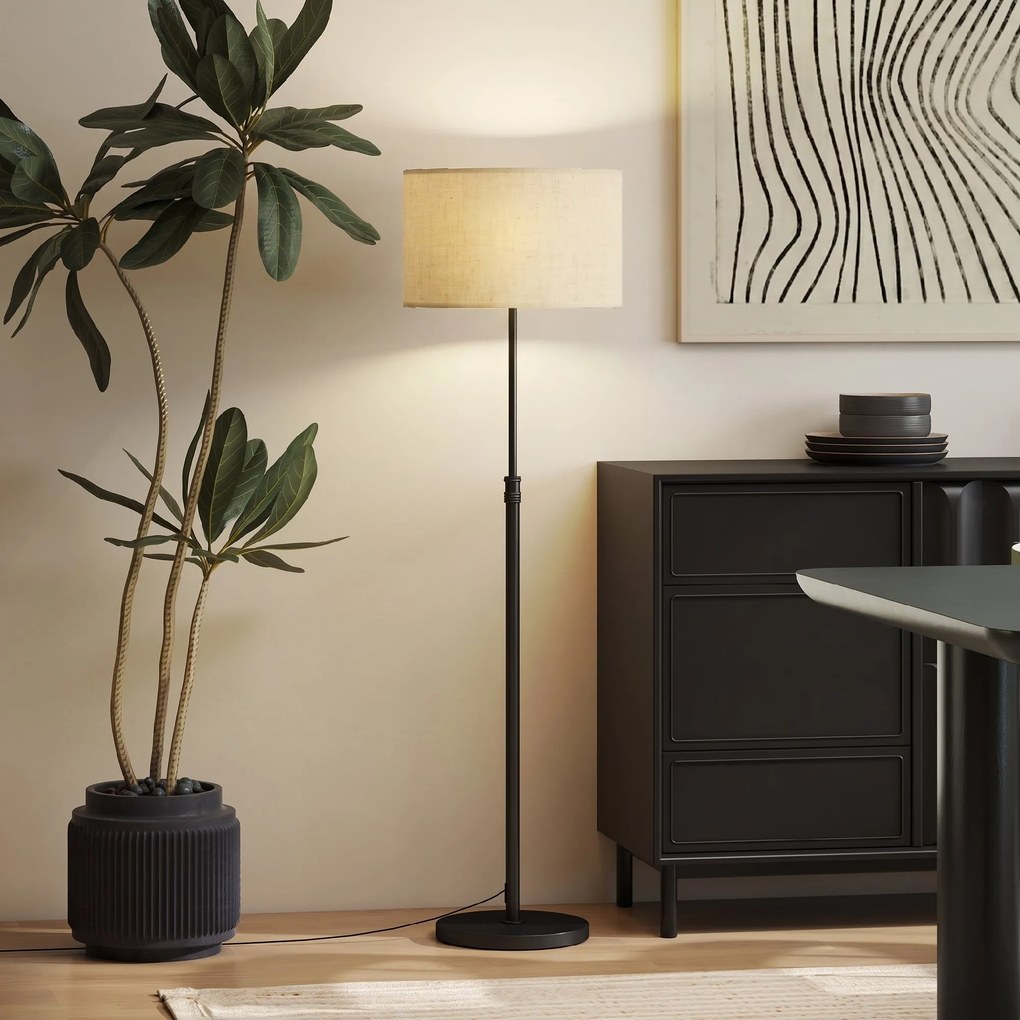 HOMCOM Stojací lampa s dálkovým ovládáním, výškově nastavitelná, látkové stínidlo, kovový stojan, nastavitelná jas, nožní spínač, černá