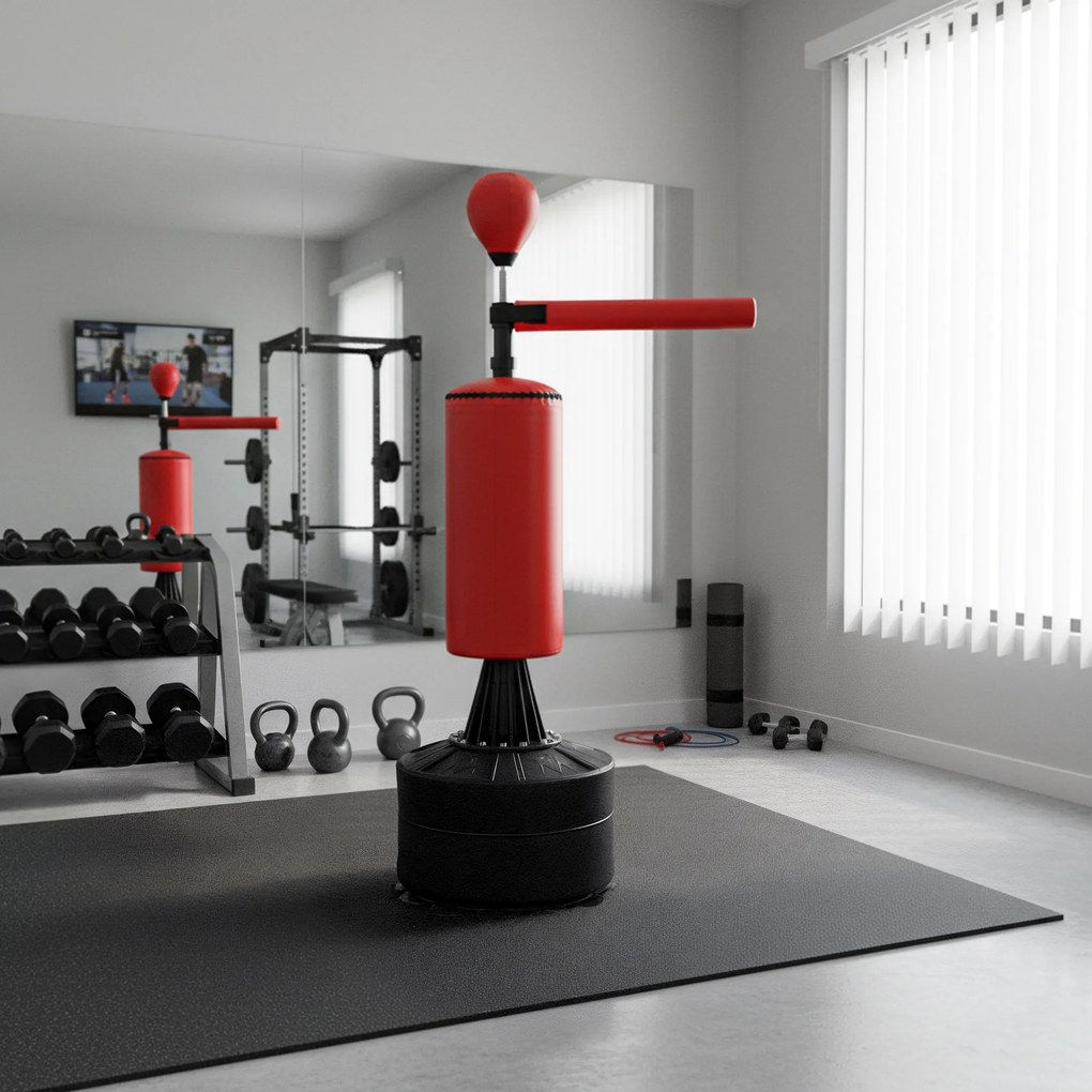 HOMCOM 3-dílná sada boxovacího pytle se stojanem, pumpou a rukavicemi 88 x 48 x 155-205 cm černá červená pro efektivní trénink boxu