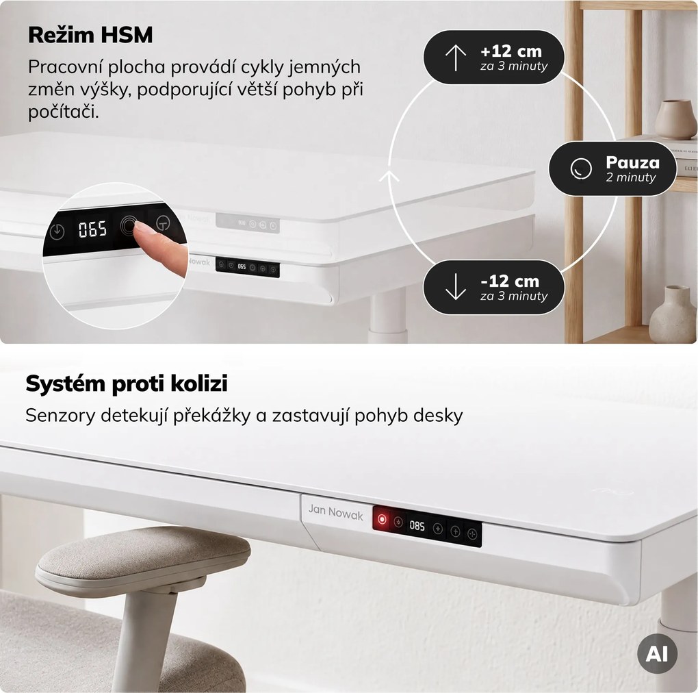 Elektrický psací stůl sit-stand se zásuvkou a bezdrátovou nabíječkou Qi bílý, 1200 mm: ELLIS