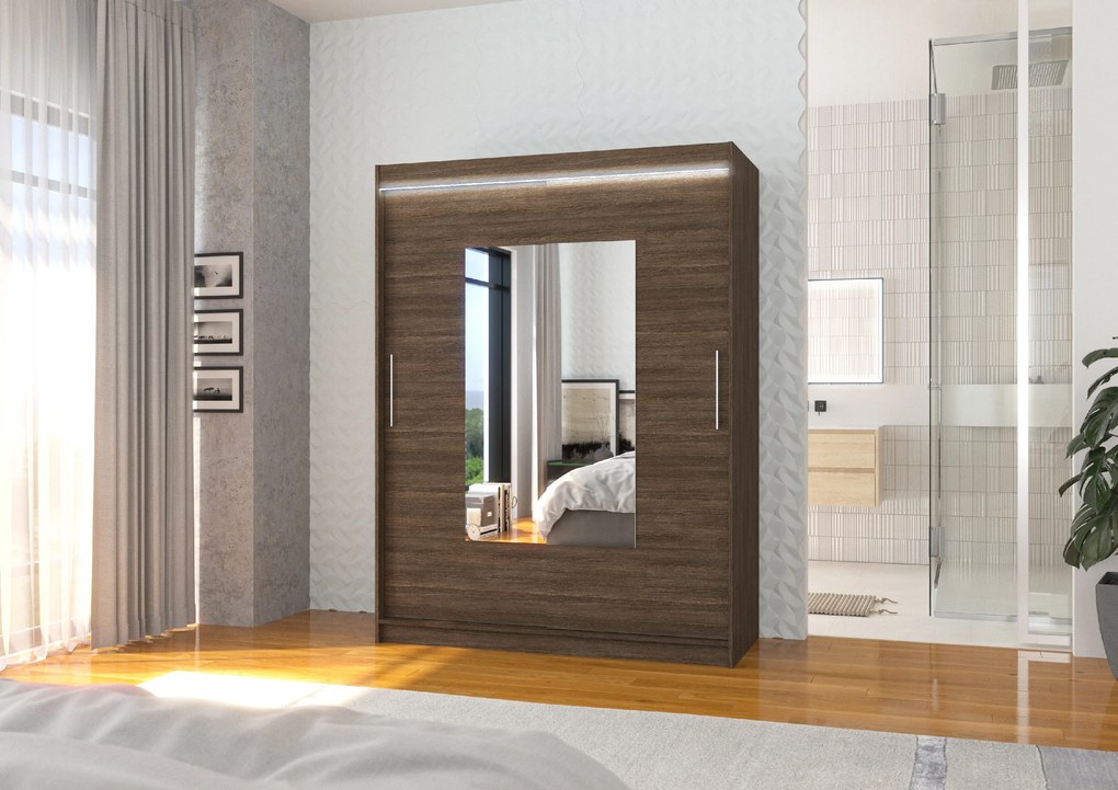 ADRK Furniture Posuvná skříň se zrcadlem a LED osvětlením DORRIGO 150 ADRK-SW-DOR-CH-150+L