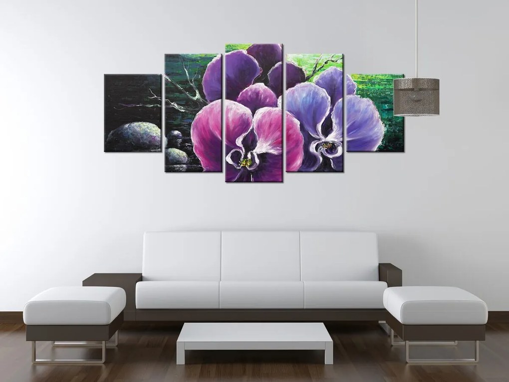Gario Ručně malovaný obraz Orchidea u potoka - 5 dílný Rozměry: 150 x 70 cm