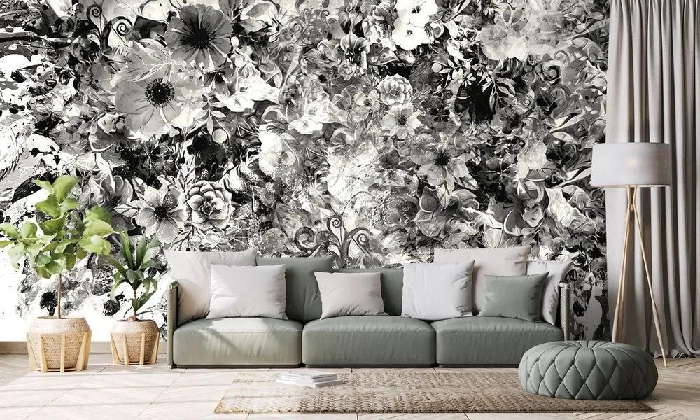 Samolepící tapeta květiny v černobílém provedení - 225x150 cm