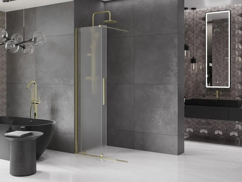 Mexen Velar, sprchová zástěna s posuvnými dveřmi Walk-in 85 x 200 cm, 8mm sklo námraza, zlatá lesklá, 871-085-000-33-50