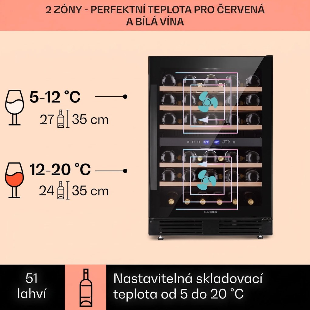 Klarstein Vinovilla 50 Duo dvouzónová vinotéka 153 l 51 lahví 3barvy skleněné dveře