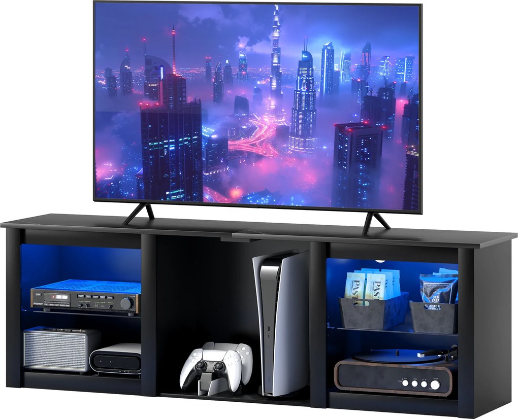 HOMCOM TV nábytek s LED osvětlením pro televizory až do 65 palců, 160 cm s nastavitelnými skleněnými poličkami, černé