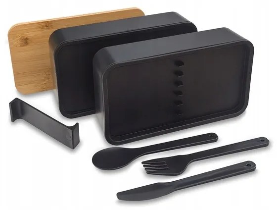 Svačinový box DUO LUNCH s příborem, černý/bambus