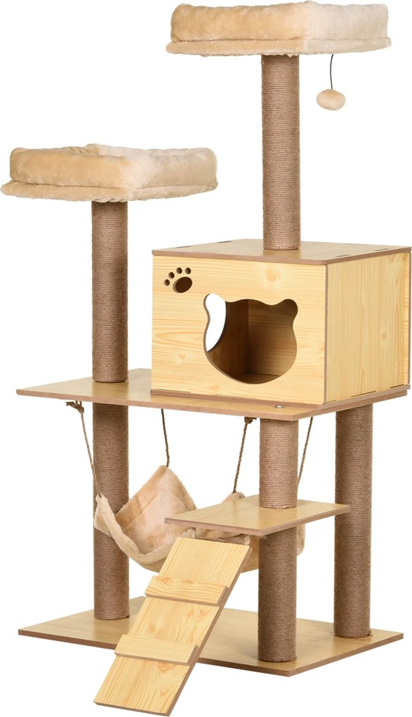 PawHut Kočičí Škrabadlo Výška 130 cm Kočičí Věž se Sisalovými Škrabacími Sloupky 2 Postele Houpací Síť Jeskyně Hračková Koule a Rampou 60x40x130 cm Př