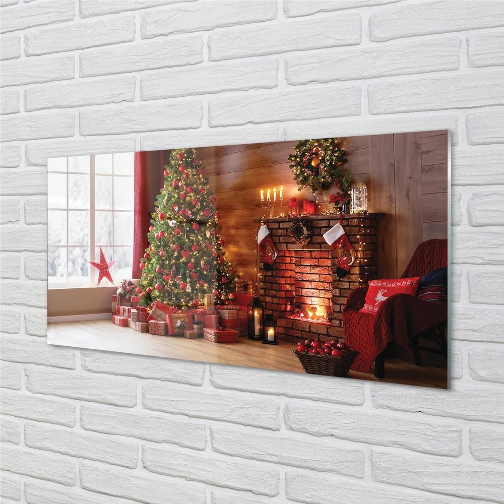 akrylový obraz Ozdoby na vánoční stromeček dárky ohniště 100x50 cm