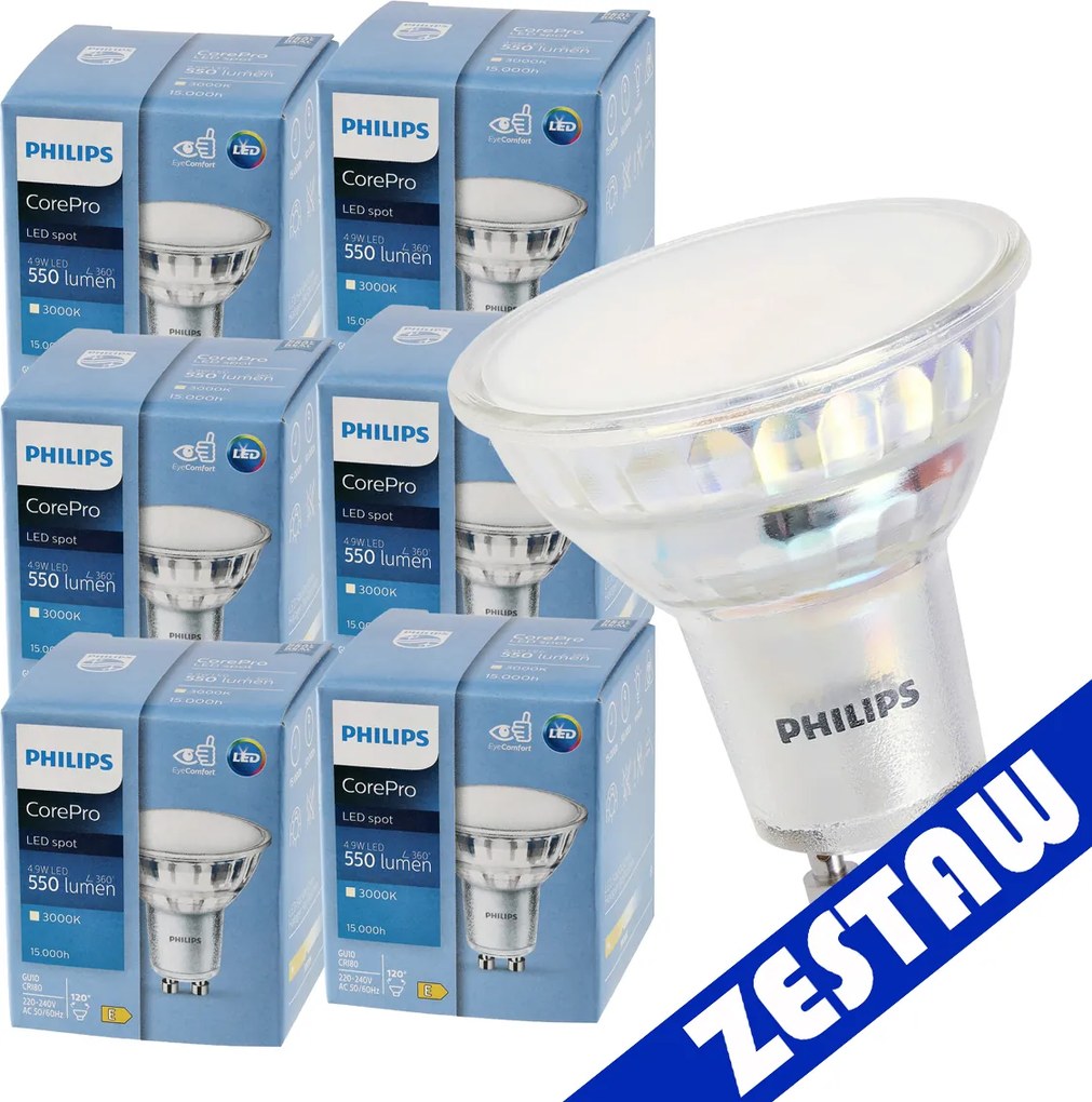 SADA 6x PHILIPS GU10 LED žárovka 4,9W 550lm teplá bílá 3000K