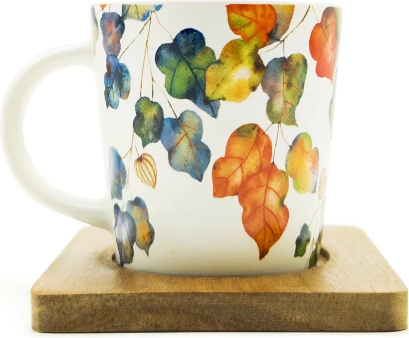 Porcelánový hrnek Bright Fall s akáciovým podšálkem, 350 ml – podzimní akvarelové listy, vnitřní dekor