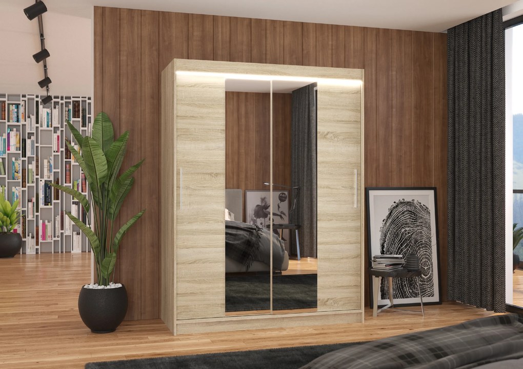 ADRK Furniture Posuvná skříň se zrcadlem a LED osvětlením INESS 150 ADRK-SW-INE-S-150+L