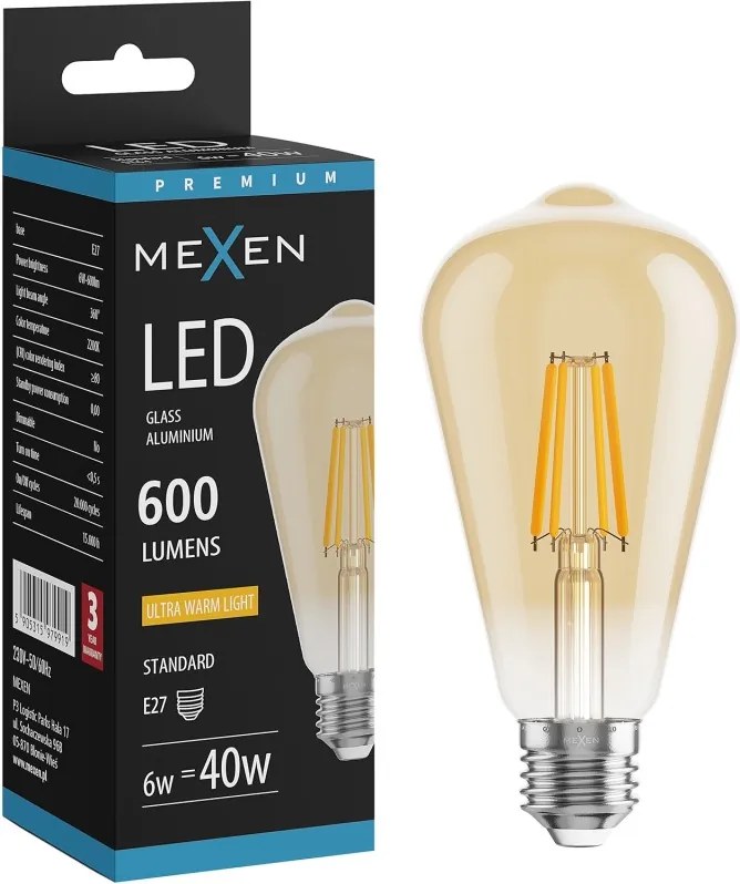 Mexen Vintis, LED filamentová žárovka E27, ST64, 6 W, teplá bílá 2200K, jantarová, L152-E27-0622-50