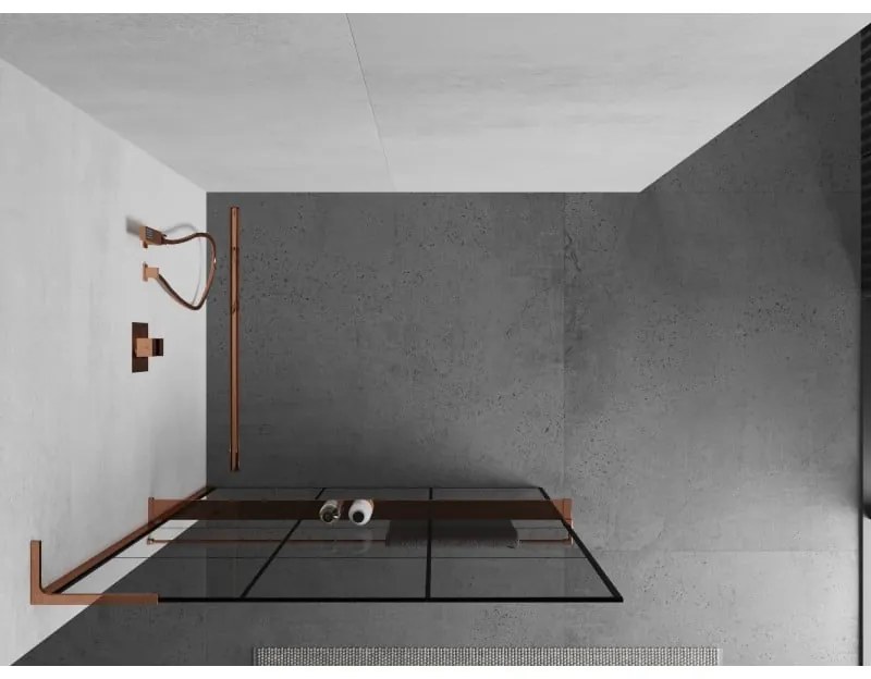 Mexen Kioto+ L, sprchová zástěna Walk-In s poličkou a věšákem 100 x 200 cm, 8mm čiré sklo černý vzor, růžové zlato profil, 800-100-123-60-77