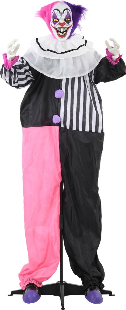 HOMCOM Strašidelný klaun Halloween dekorace, pohyblivý, funkce smíchu, růžová + fialová