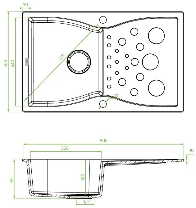 Laveo Molokin, 1-komorový granitový dřez 800x500x195 mm, šedá, LAV-SPO_511T