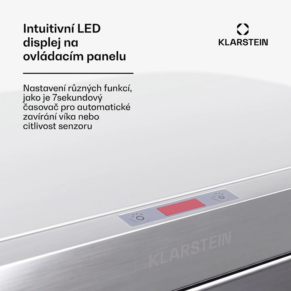 Klarstein Touchless, senzorový odpadkový koš, 60 l, z nerezavějící oceli, Soft-Close zavírání, napájen baterií, LED displej, časovač