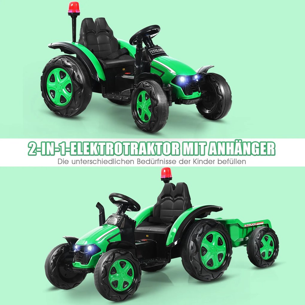 Costway 12 V dětský elektrický traktor s přívěsem – 151 × 68 × 70 cm, zelený