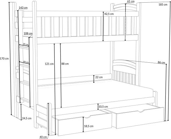 Dětská patrová postel z masivu borovice s rozšířeným spodním lůžkem LUKÁŠ se šuplíky - 200x90/140 cm - BÍLÁ