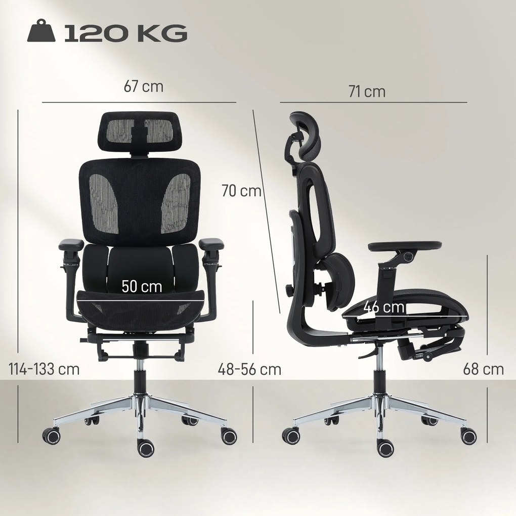 HOMCOM ergonomická kancelářská židle — nastavitelná bederní opora a opěrka hlavy, 5D područky, dělené opěradlo, výsuvná opěrka nohou, výškově nastavi…