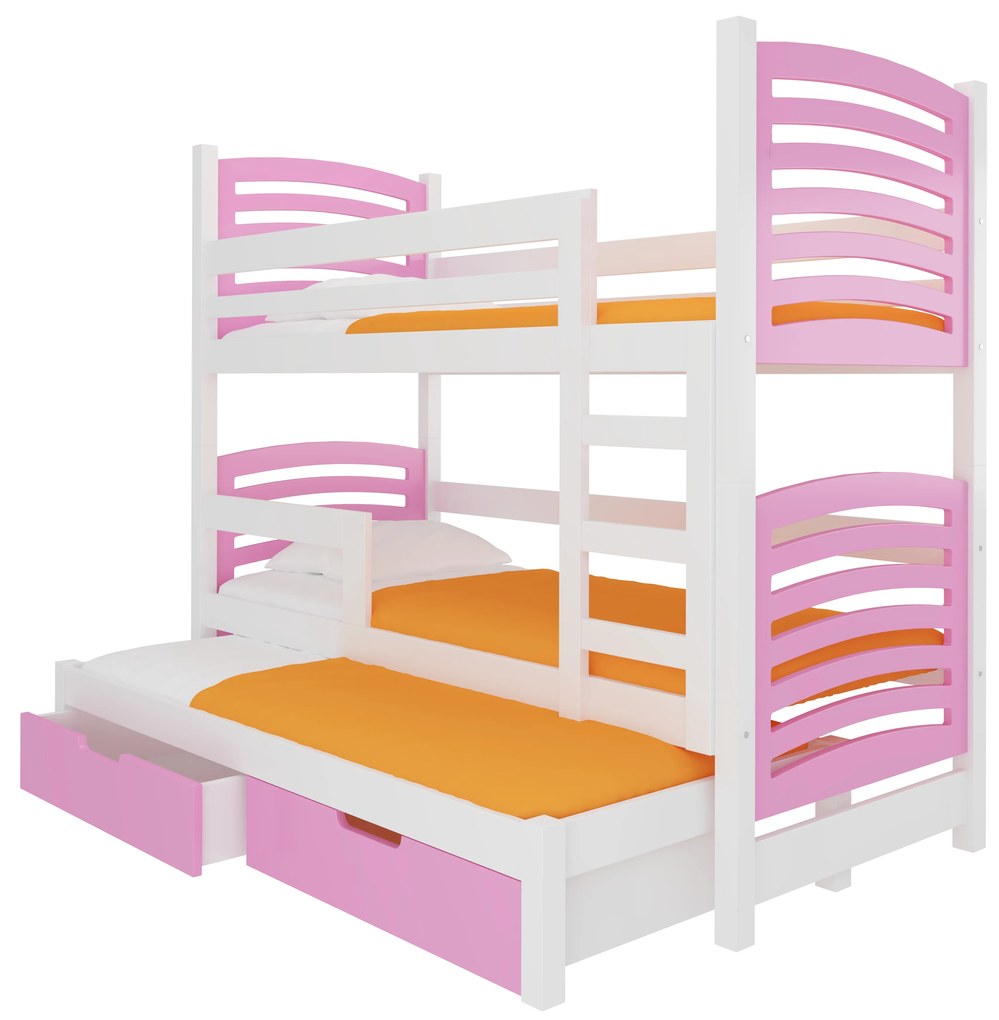Patrová postel pro tři osoby s matracemi SORIA Hlavní barva: Bílá, Další barva: Růžová