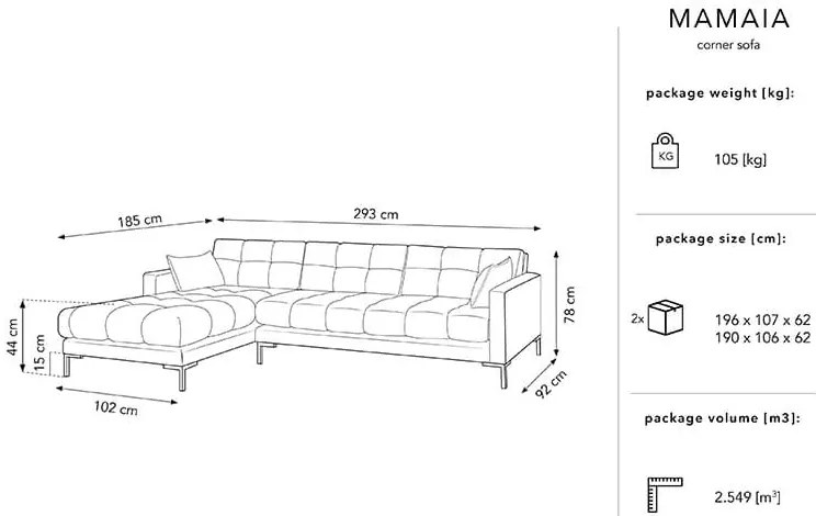 MUZZA Rohová pohovka mamaia levá 293 cm samet černá
