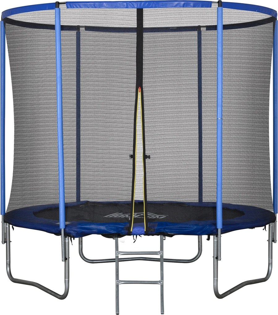 HOMCOM Dětský a Dospělácký Trampolína do Zahrady s Elastickou Podložkou a Ochrannou Sítí, Žebřík a Polstrované Okraje, Ø244x240cm, Modrá a Černá | Aos