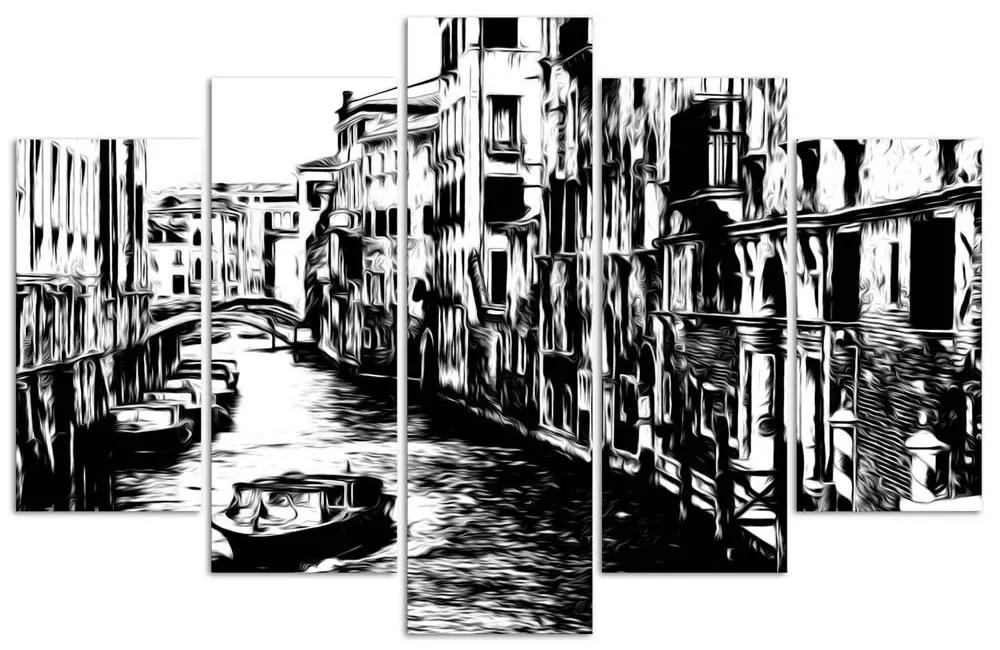 Obraz na plátně pětidílný Benátky Itálie Černá a bílá - 200x100 cm