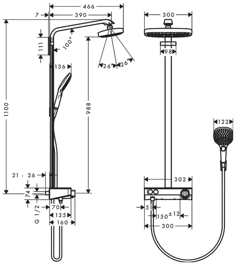 Hansgrohe Raindance Select E, Showerpipe 300 2jet EcoSmart 9 l/min s termostatem ShowerTablet Select 300, chromová, HAN-27283000