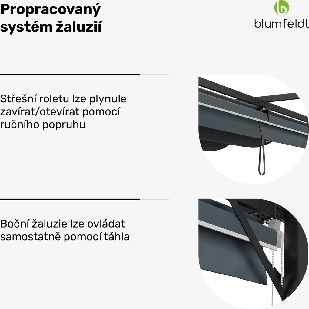 Blumfeldt Pantheon Robust Pergola, 3x4 m práškově lakovaná ocel odolná vůči povětrnostním vlivům s bočními roletami