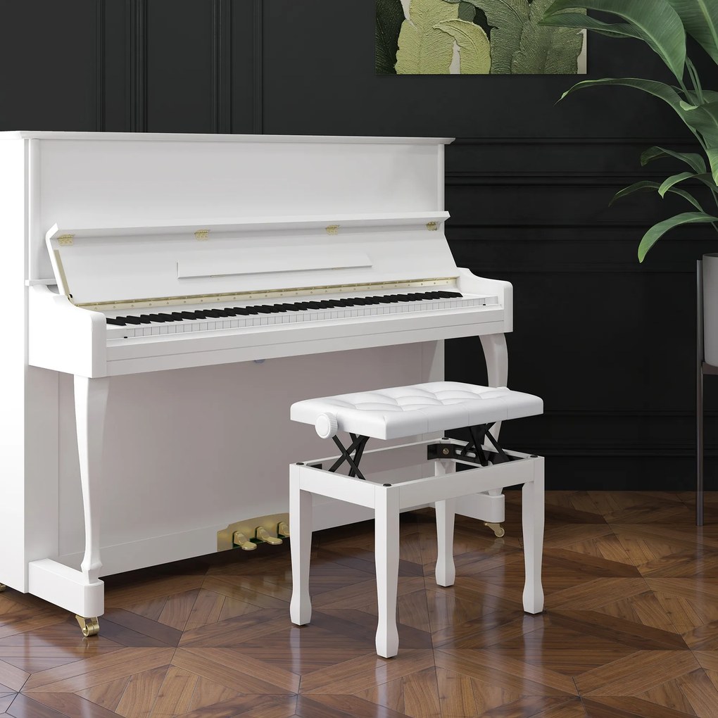 HOMCOM Výškově nastavitelná klavírní stolička, klavírní lavice s polštářem z umělé kůže pro piano klávesnici 64 x 35 x 45-55 cm, bílá
