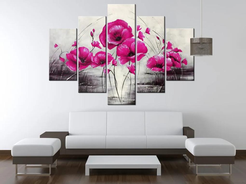 Gario Ručně malovaný obraz Růžové Vlčí máky - 5 dílný Rozměry: 150 x 105 cm