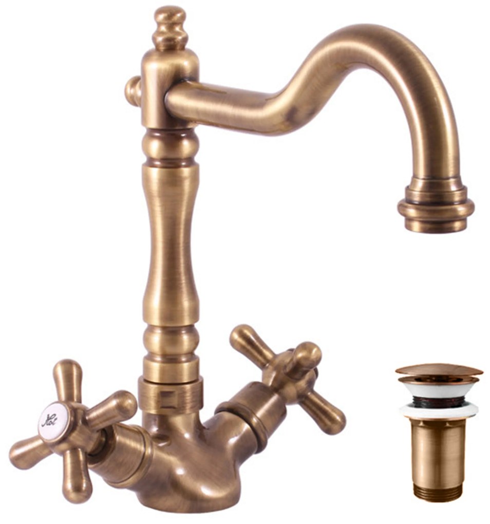 Slezák - RAV Umyvadlová/dřezová baterie s výpustí MORAVA RETRO - MK121.x/8SM, Stará mosaz (Bronz) Připojovací hadičky - závit: 1/2"