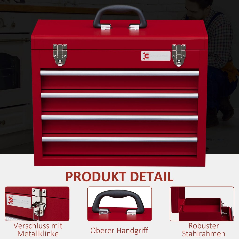 DURHAND box na nářadí prázdný, 51 x 22 x 39,5 cm Box na nářadí se 4 zásuvkami, horní úložný prostor, rukojeť, box na nářadí se zámkem, ocel