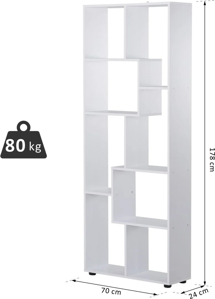 HOMCOM Moderní vertikální knihovna s 8 policemi z E1 dřevotřísky 70 x 24 x 178 cm bílá