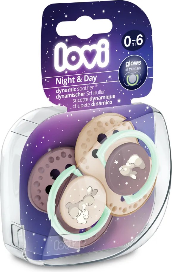LOVI Dudlík svítící silikonový dynamický NIGHT&DAY 0-6m 2ks holka