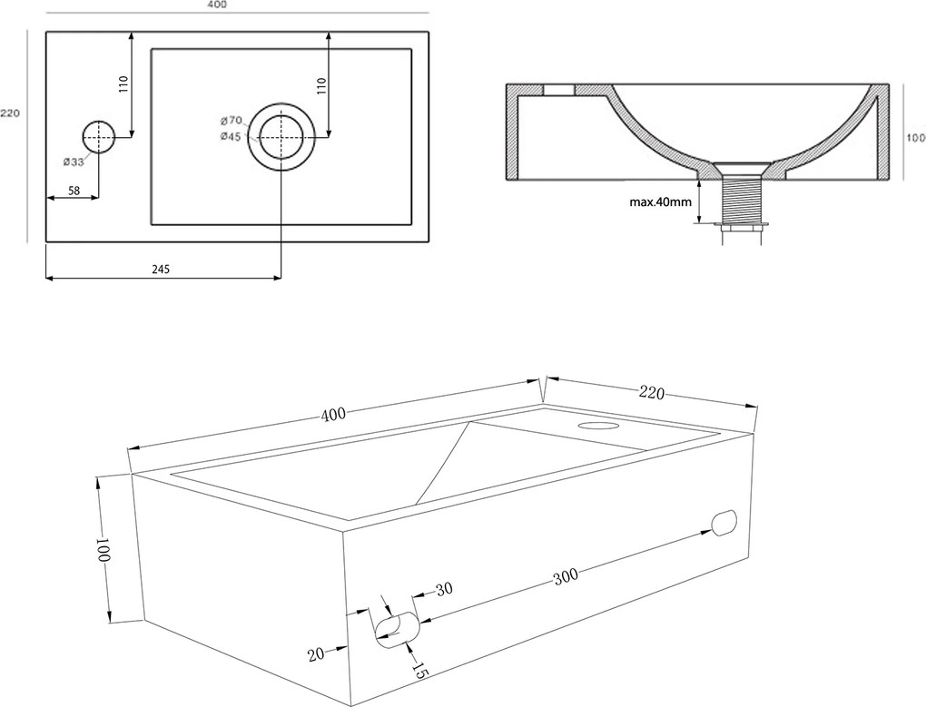 Sapho CREST L AR410 betonové umyvadlo včetně výpusti 40 x 22 cm bílý pískovec