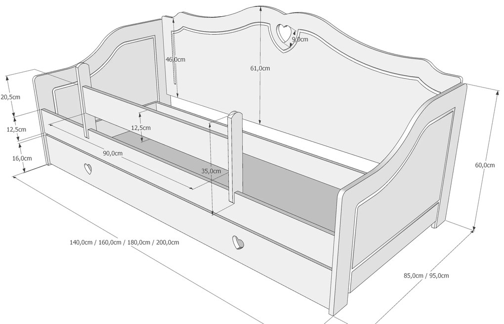 BabyBeds Dětská postel ZUZANA srdíčka Velikost postele: 180x80 cm, Barevné provedení: bílá a šedá, Úložný prostor: Ano, s úložným prostorem Bílá