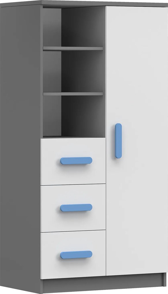 IDZ Knihovna SMYK II 3S1D 05, 80 cm Bílá + Grafit / Barevné úchytky Barva: Fialová