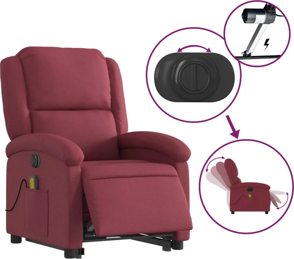 Elektrické zvedací masážní polohovací křeslo vínové textil 3204203
