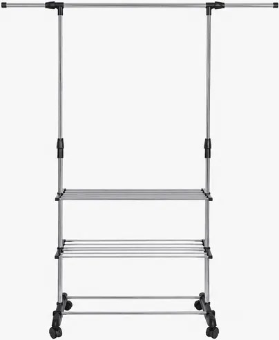 věšák, stojan na šaty, 1 tyč, 3 police, výsuvný, kolečka, kov/plast, 93-158x91-164x43 cm, chrom/černá, Dekorino TK20260033
