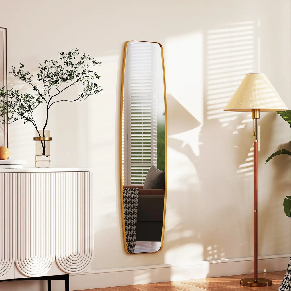 HOMCOM nástěnné celozrcadlo 160 × 40 cm s kovovým rámem — dekorativní celozrcadlo do předsíně, ložnice a obývacího pokoje, zlaté