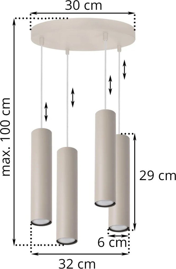 Závěsné svítidlo Tuba, 4x béžové kovové stínítko,
