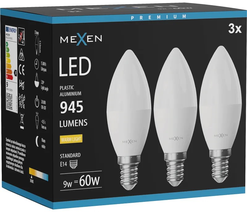 Mexen Nova 3x LED žárovka E14, C37, 9W, Teplá - 3000K, 945 lm - L102-E14-0930-01x03