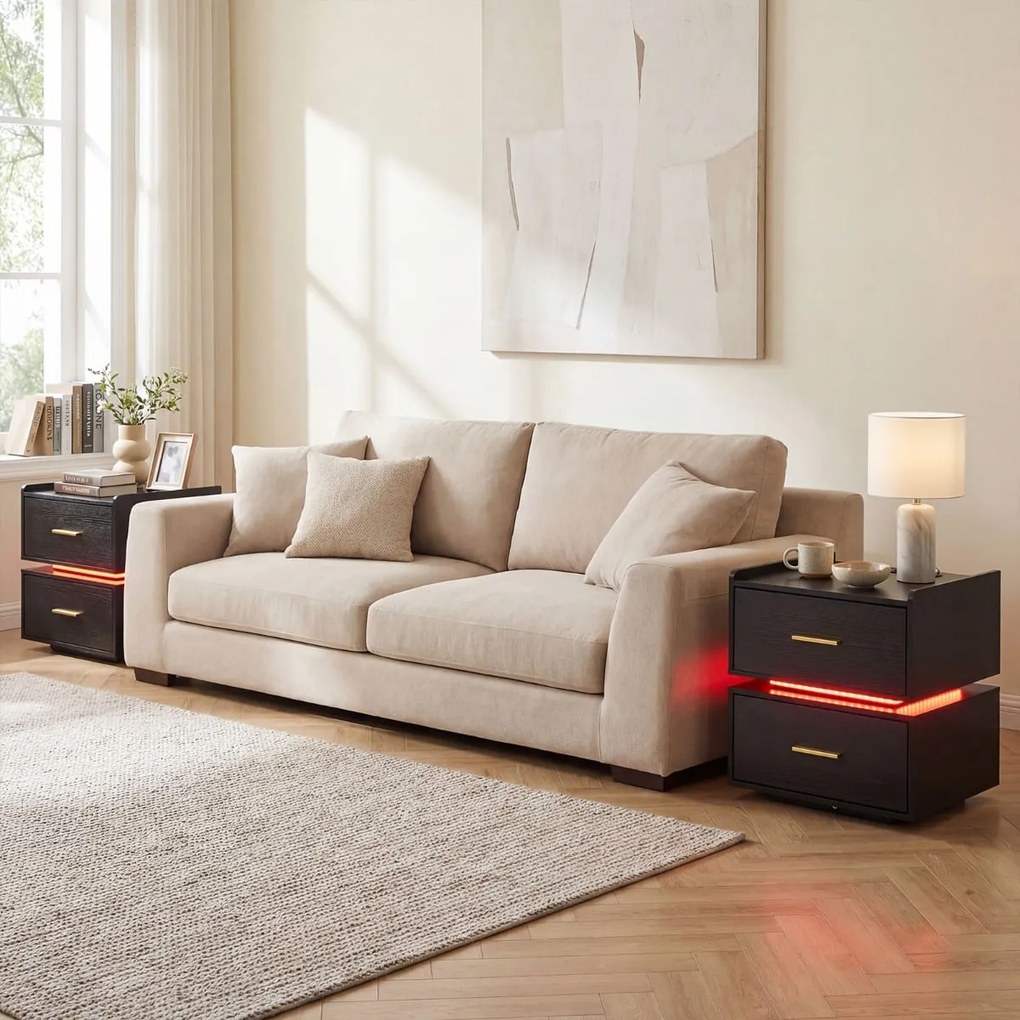 Costway Noční stolek s nabíjecí stanicí LED 2 zásuvky moderní poloplovoucí