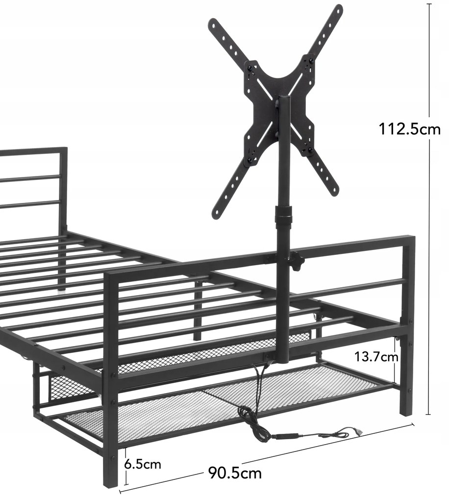 ČERNÁ KOVOVÁ HERNÍ POSTEL 206 CM, LED, NASTAVITELNÁ A KOŠE POD POSTELÍ