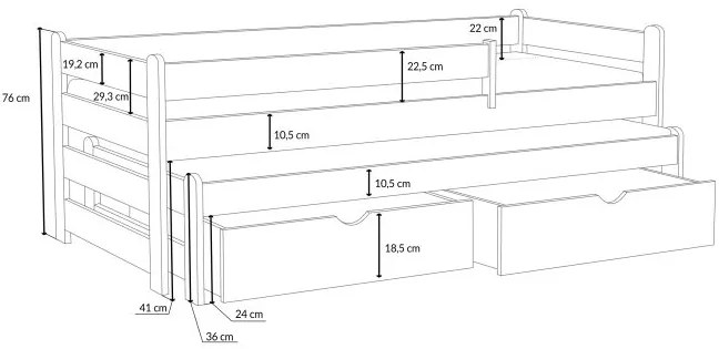 Dětská postel z masivu borovice ALEX s přistýlkou a šuplíky - 200x90 cm - PŘÍRODNÍ BOROVICE