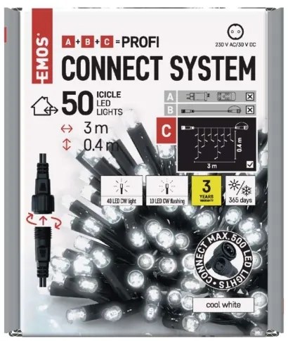 Propojovací vánoční řetěz bez zdroje EMOS Connecting D2CC03 ZY2287 50LED krápníky 3m studená bílá částečně blikající