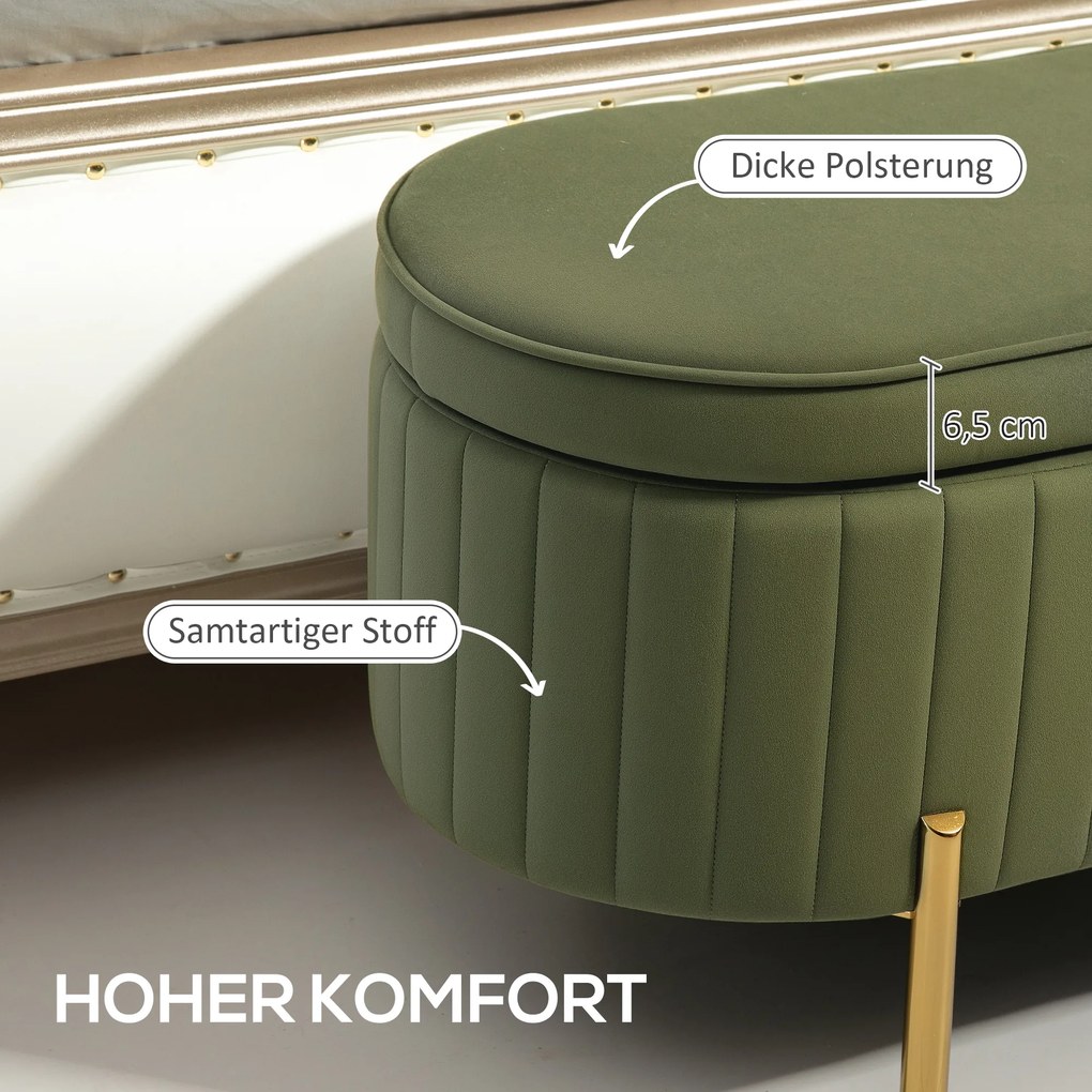 HOMCOM Oválná úložná lavice 72L s výklopným víkem a rýhovaným designem, moderní sametová tkanina a borovicové dřevo, 108x44x43,5 cm, tmavě zelená
